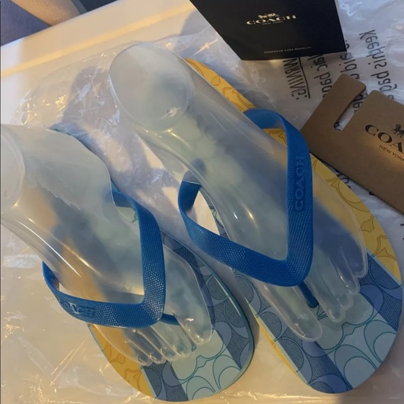 Coach | Shoes | Coach Zak Signature Flip Flop Sandals Light Blue Yellow ...